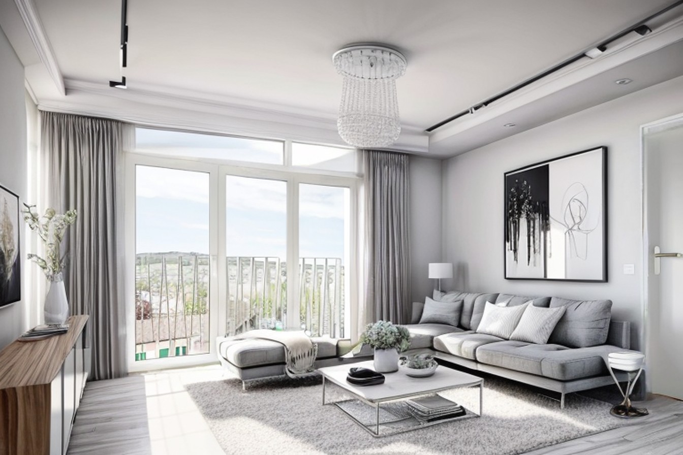 Contemporary living room with a bookshelf, a console table, and wall décor - Easyinterior AI