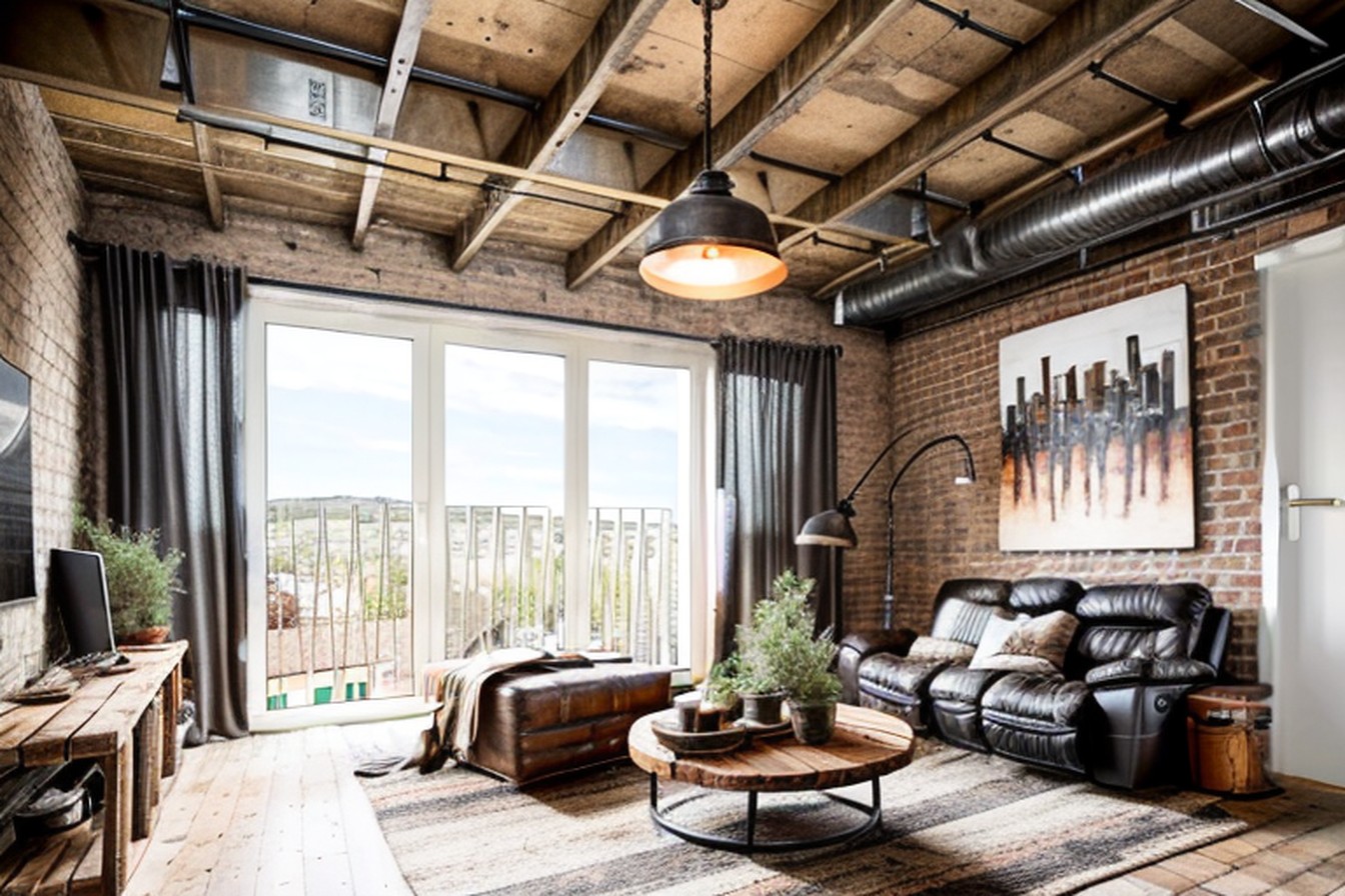 Industrial living room with a reclining armchair, a round coffee table, and a rug - Easyinterior AI