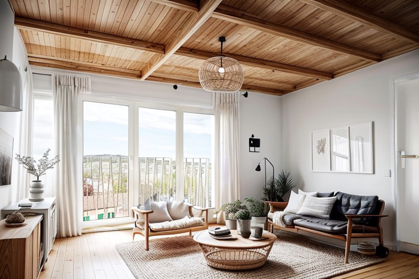 Scandinavian living room with a reclining armchair, a round coffee table, and a rug ...