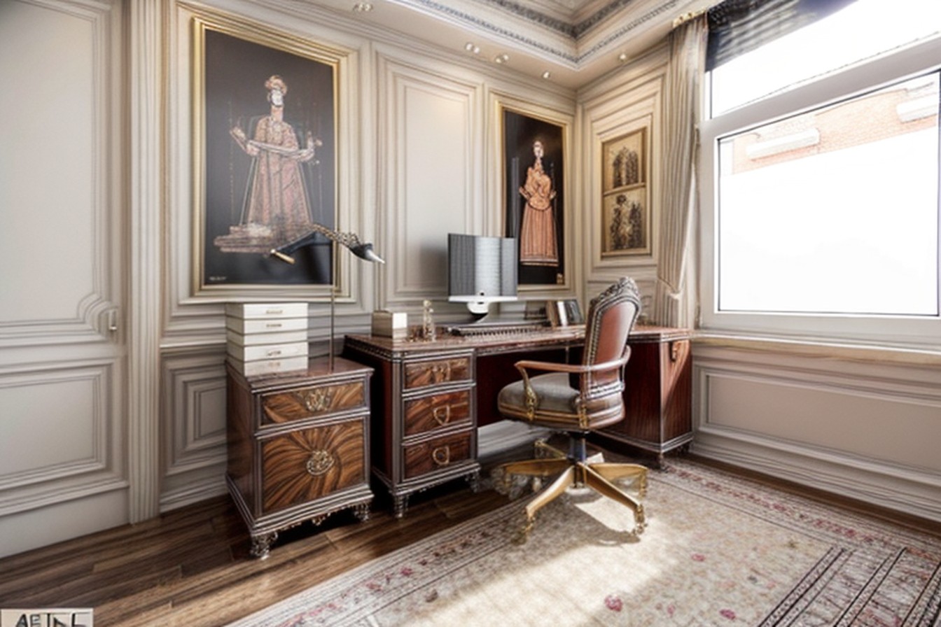 Traditional office at home with a steel frame desk, two monitors, and acoustic panels ...